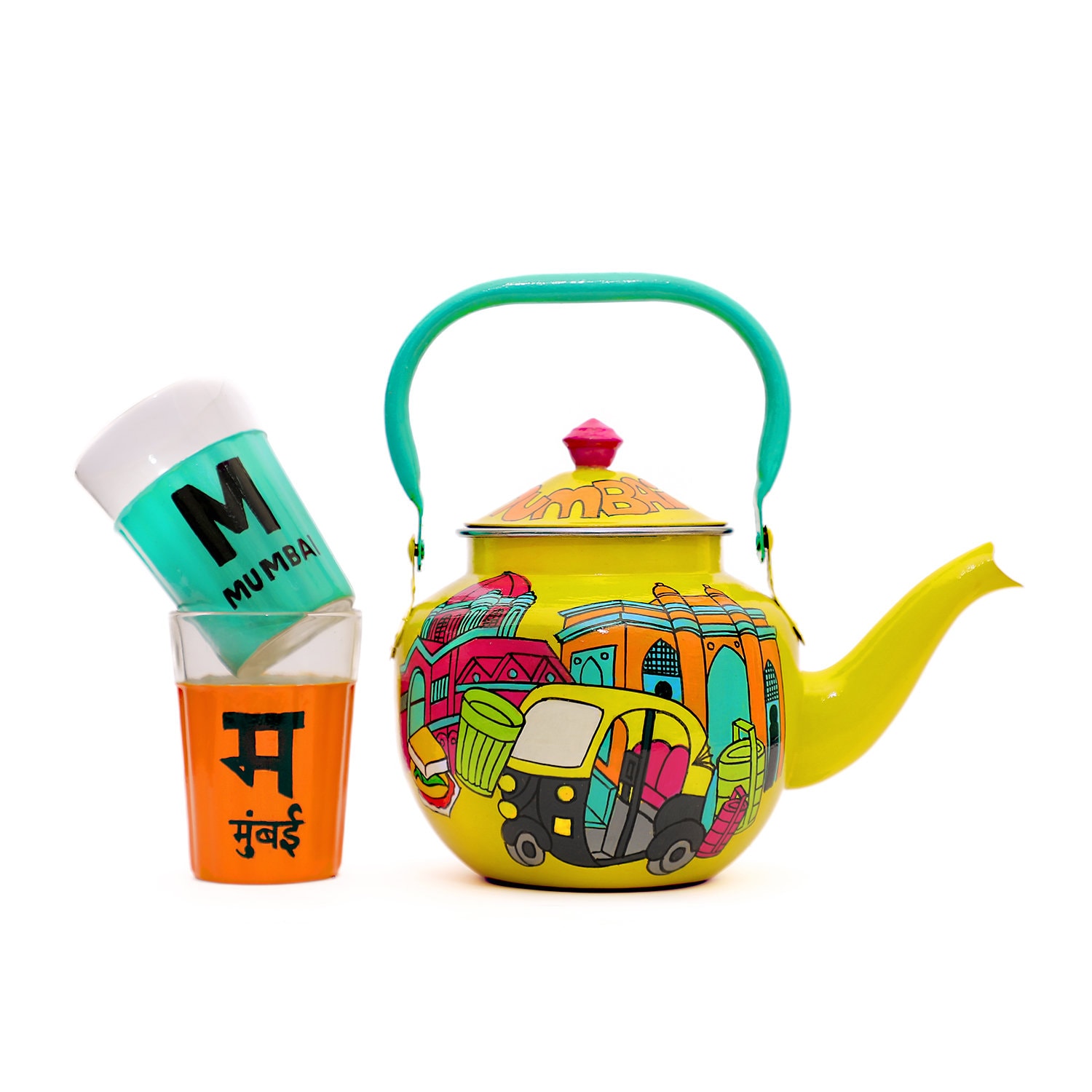 Hand Painted Indian Tea Kettle Set With 2 Cutting Chai Glass Serving ...