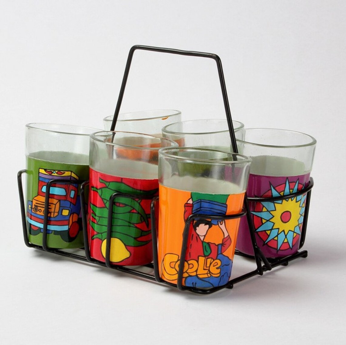 Handpainted Tea Glasses Set of 6 Cutting Chai Glasses With Stand Indian ...