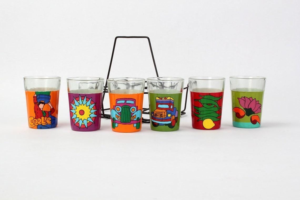 Handpainted Tea Glasses Set of 6 Cutting Chai Glasses With Stand Indian ...