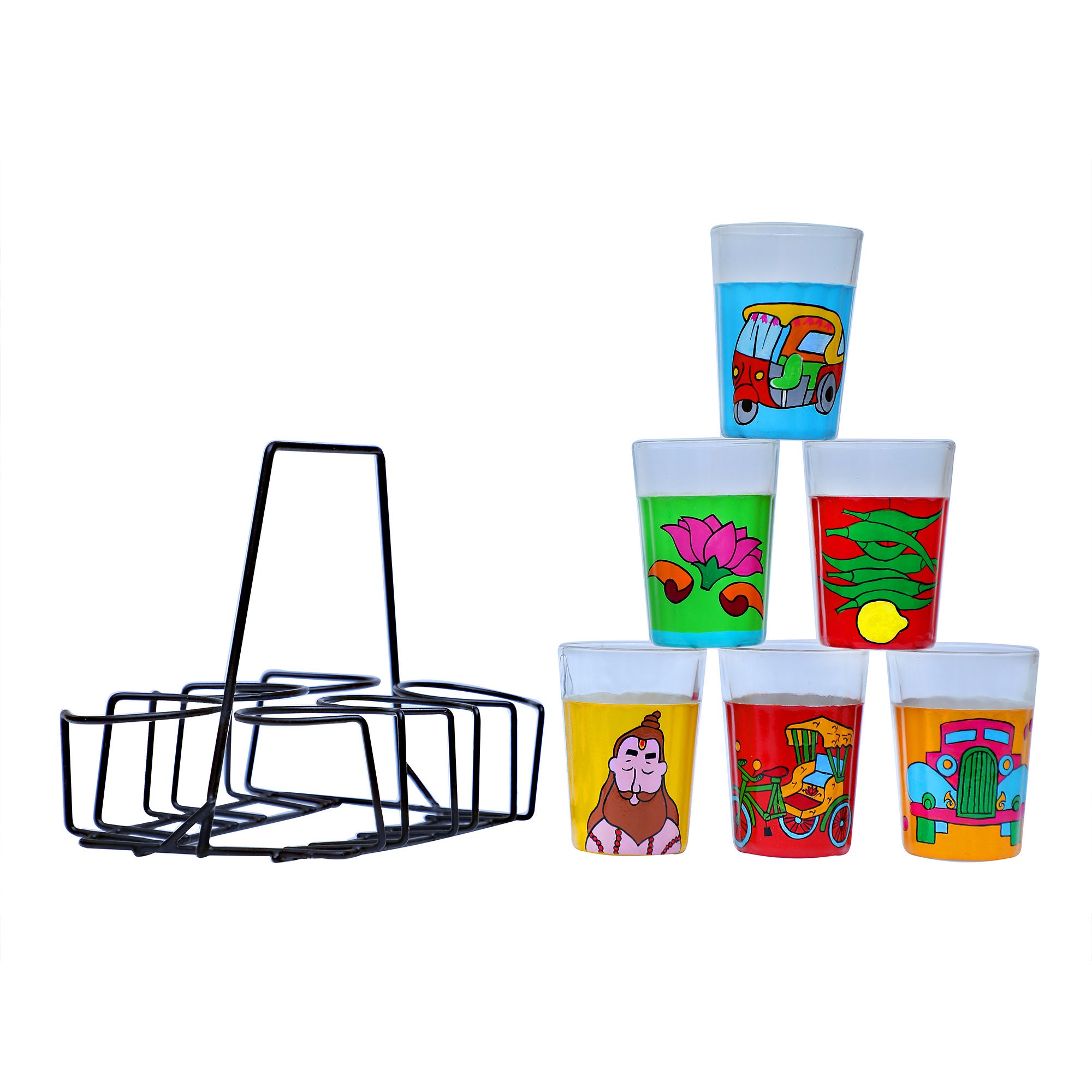 Traditional Indian Chai Glass Set of 6 Cutting Chai Glass With Iron Tea ...