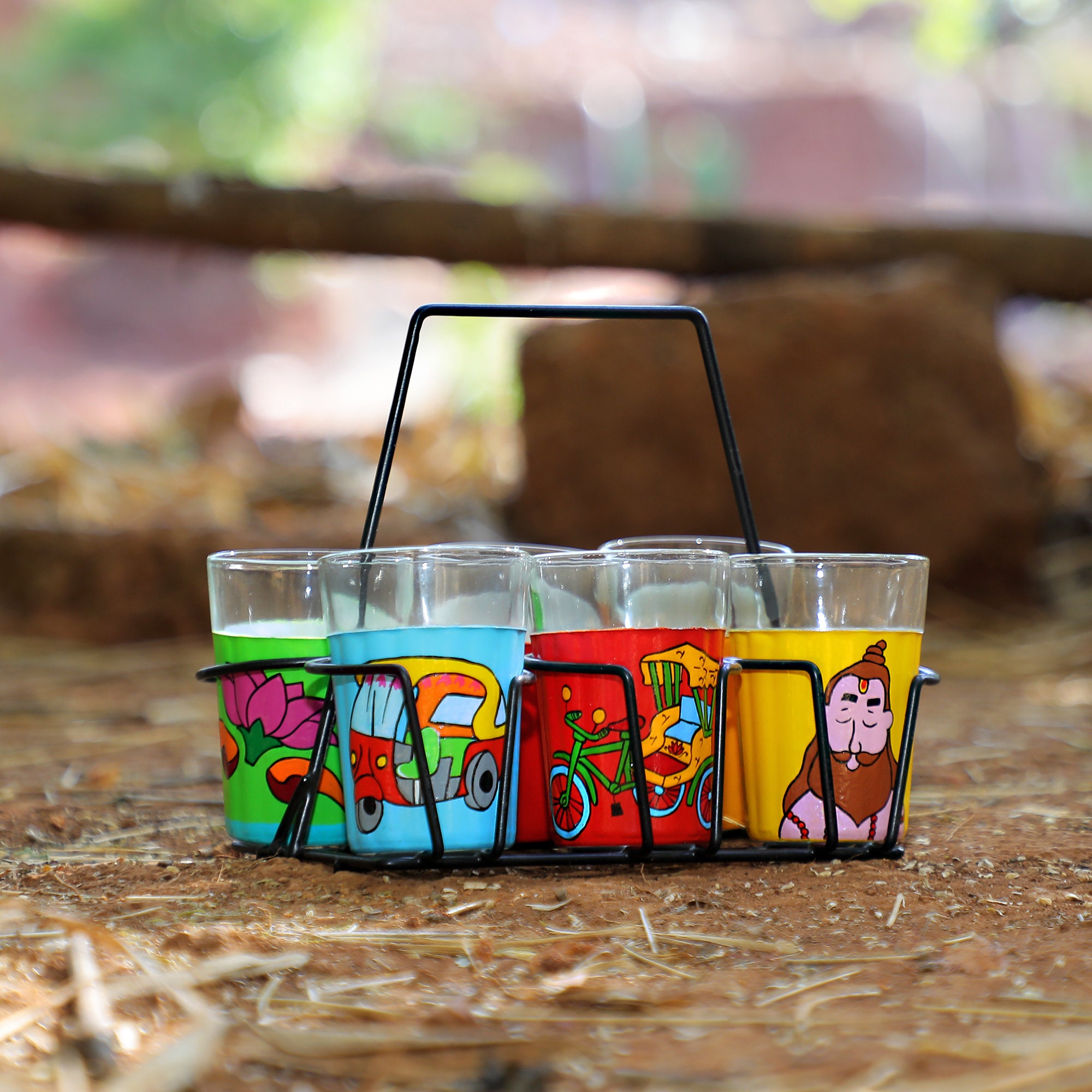 Traditional Indian Chai Glass Set of 6 Cutting Chai Glass With Iron Tea ...