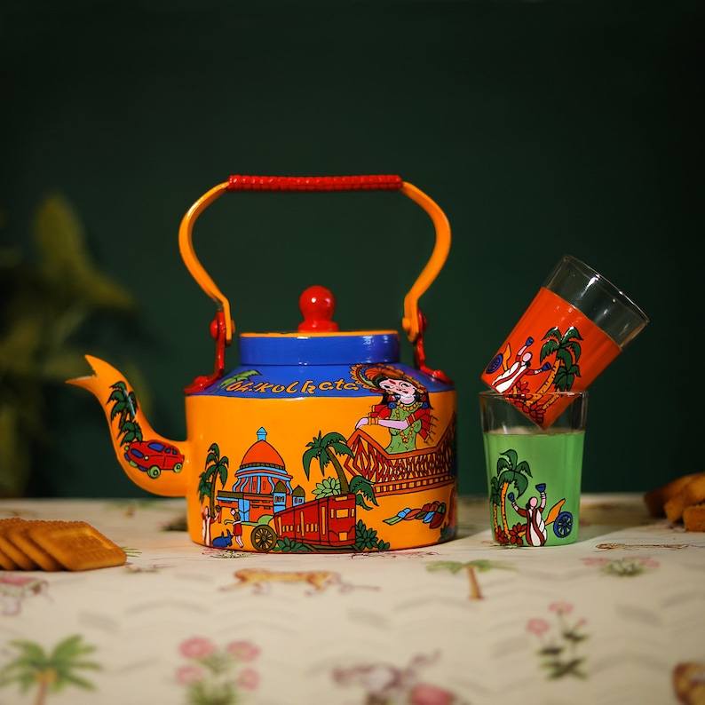 Handpainted Teapot Glass Set Tea Kettle Set With 2 Cutting Chai Glass ...