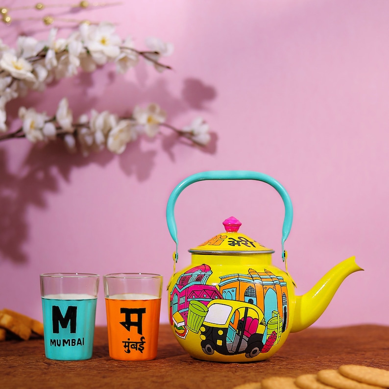 Hand Painted Indian Tea Kettle Set With 2 Cutting Chai Glass Serving ...