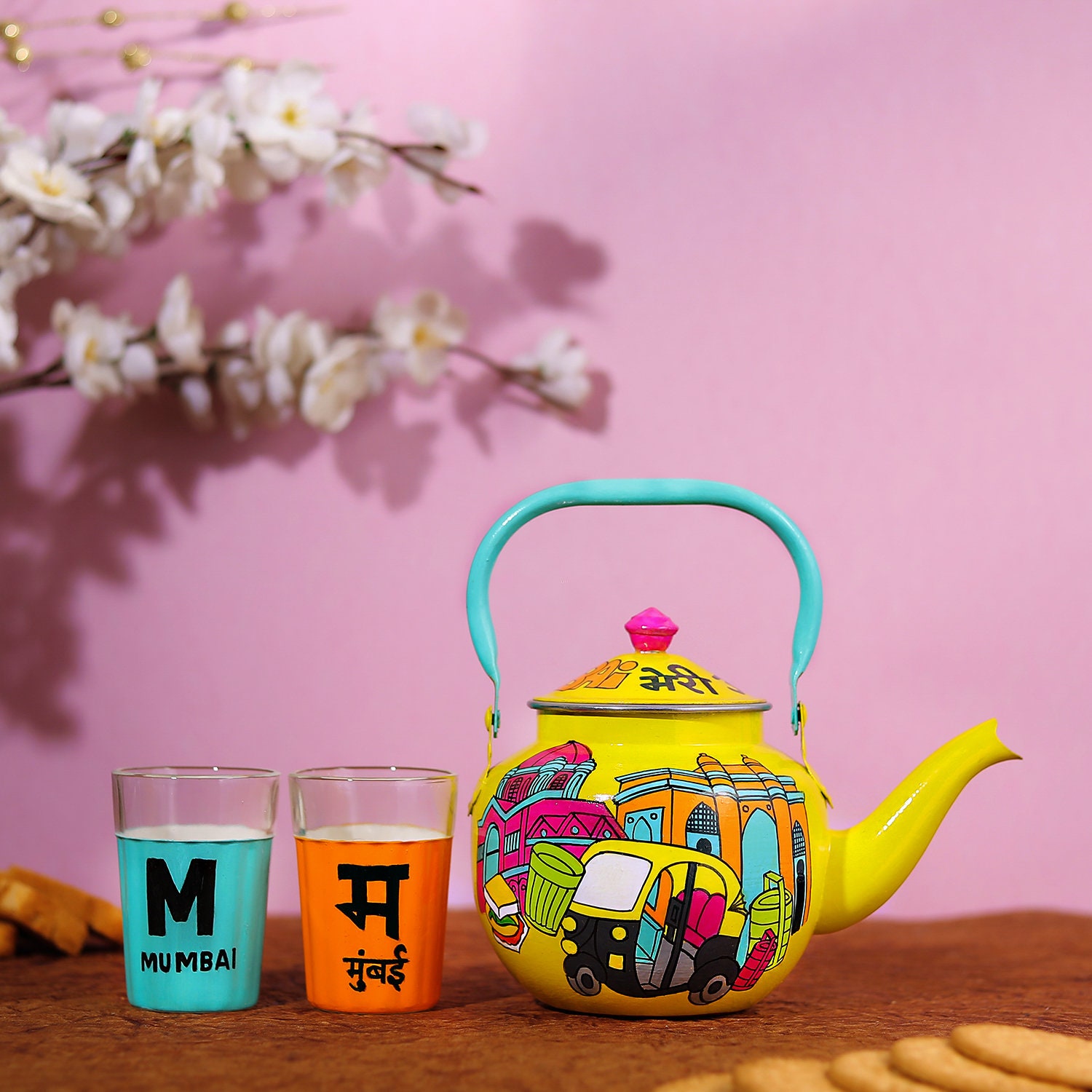 Hand Painted Indian Tea Kettle Set With 2 Cutting Chai Glass Serving ...