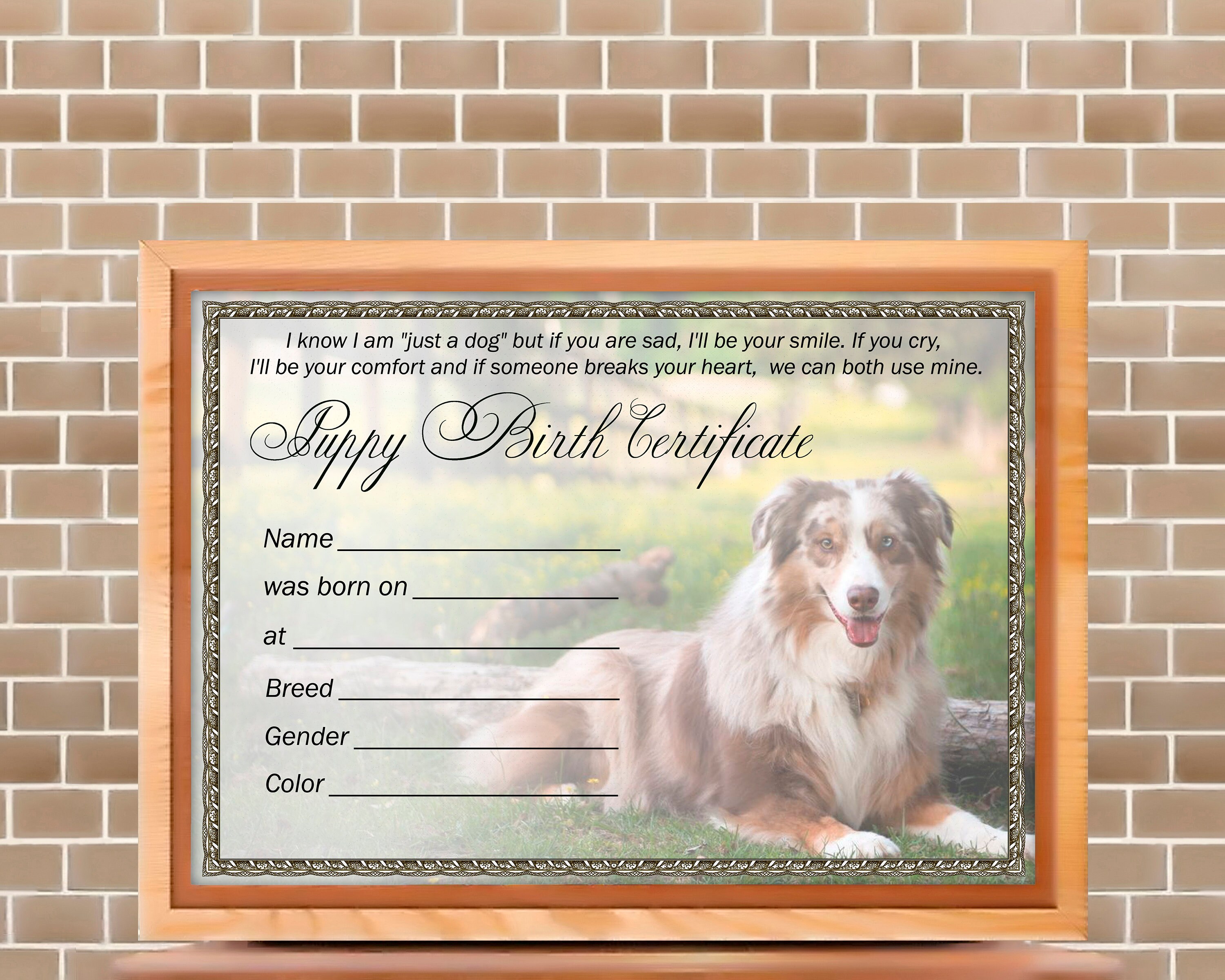 PRINTABLE Puppy Birth Certificate PDF Gift For Dog Owner Etsy