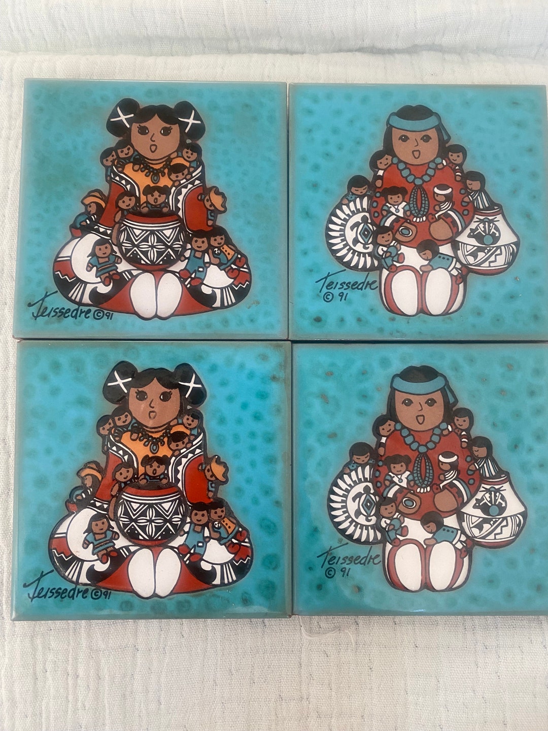 4 Vintage Cleo Teissedre Native American Ceramic Tiles (coaster, Trivet ...