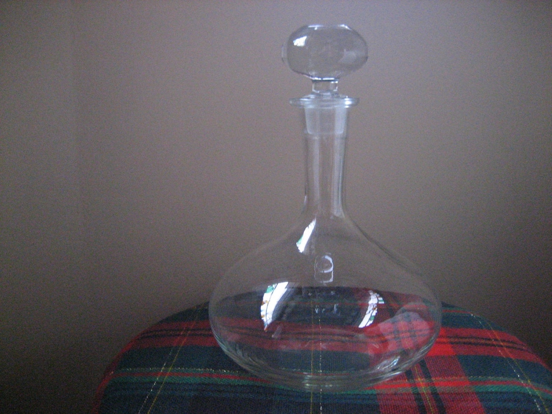 Vintage Clear Glass Wine Decanter With Original Stopper, Wide Bottom ...