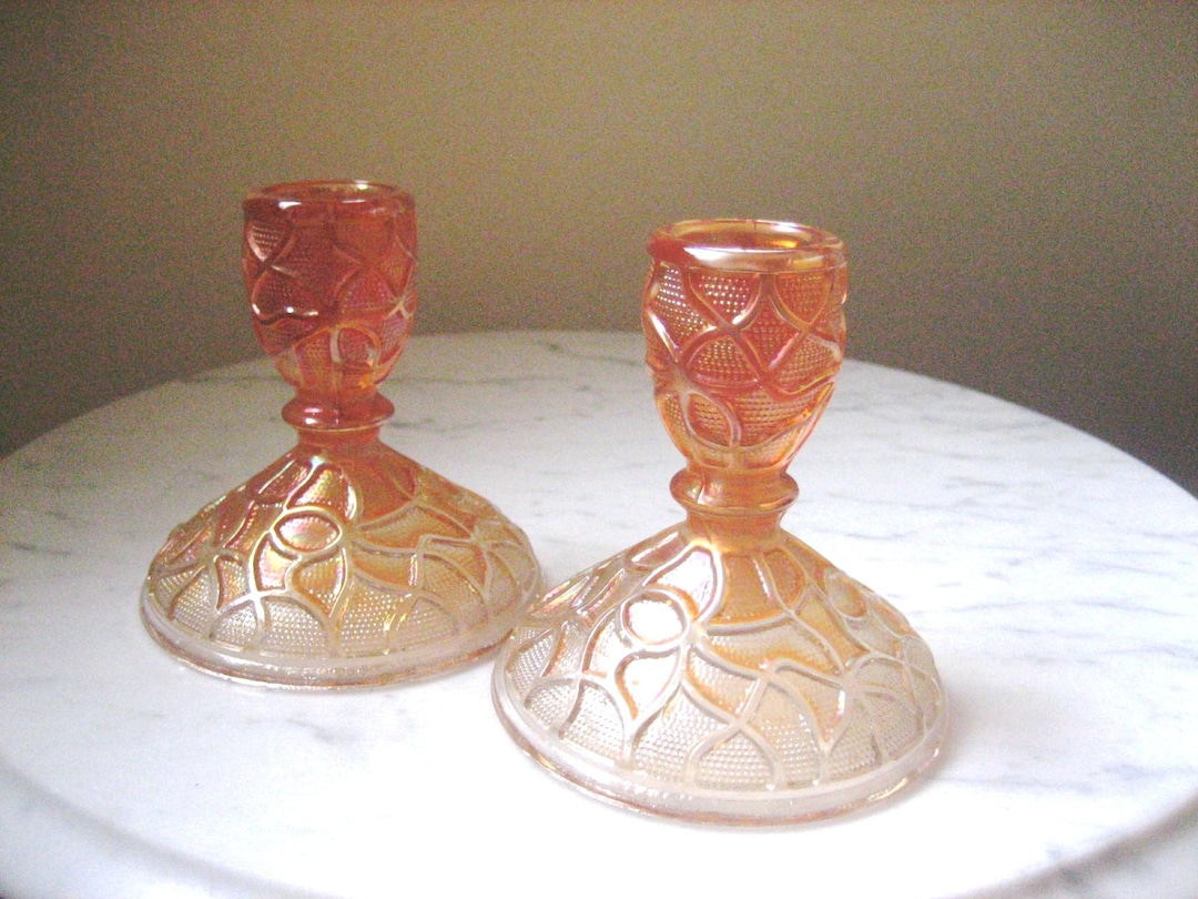 Pair of Carnival Glass Candle Holders, Set of Marigold/peach Iridescent ...