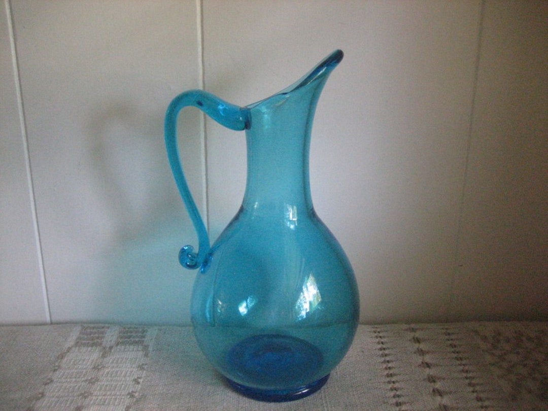 Aqua Blue Glass Pitcher With Applied Handle, 8" Tall Hand Blown Vintage ...