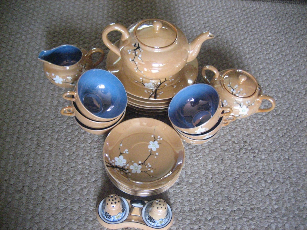 Japanese Cherry Blossom Peach Lusterware Tea Set, 22 Pc Vintage Marked ...