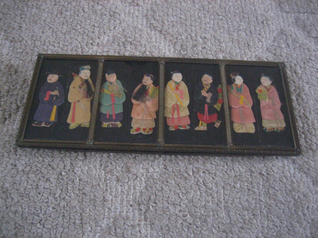 Vintage Lucky 8 Silk 3D Figures, Chinese Immortals Framed Art, Paper ...