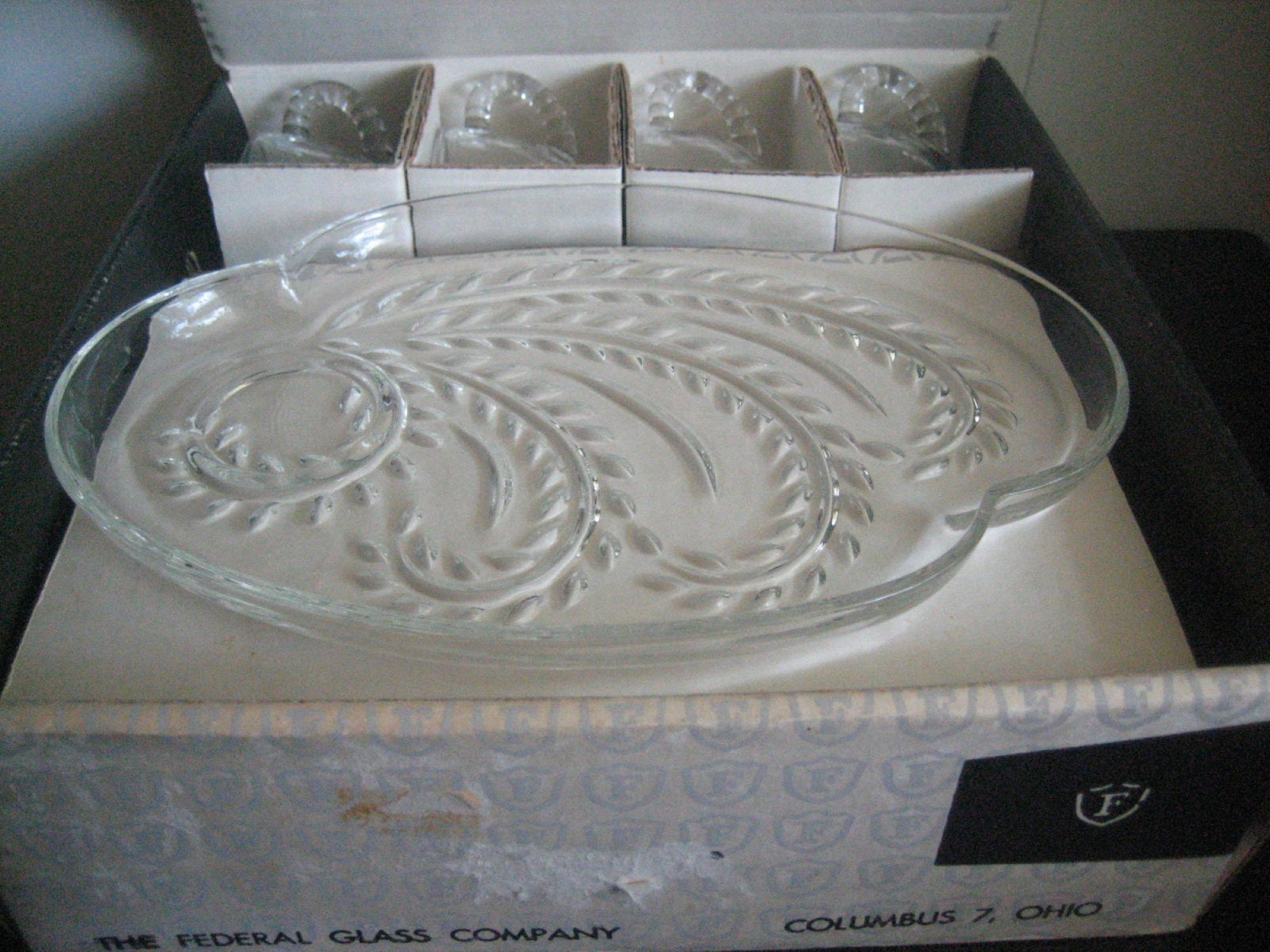 Vintage Federal Glass Co. Snack Set, Homestead Snack Set, 4 Cups and ...