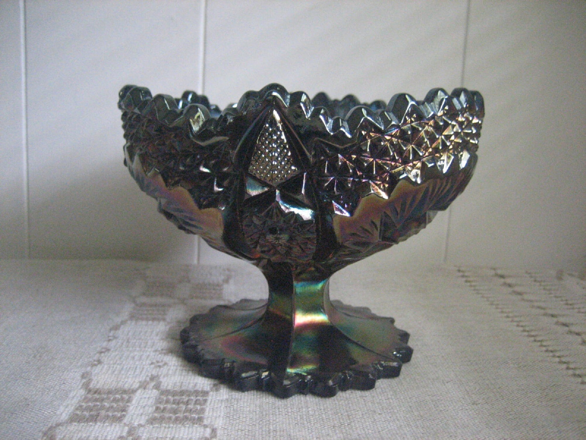 Fenton Dark Amethyst Carnival Glass Starburst Pinwheel Vintage Footed ...