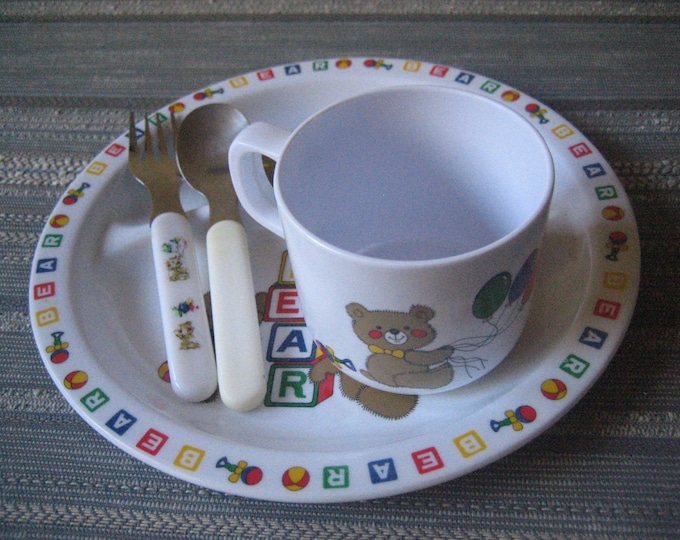 Vintage Children's Melamine Divided Kid Dish Set, Teddy Bear With ...