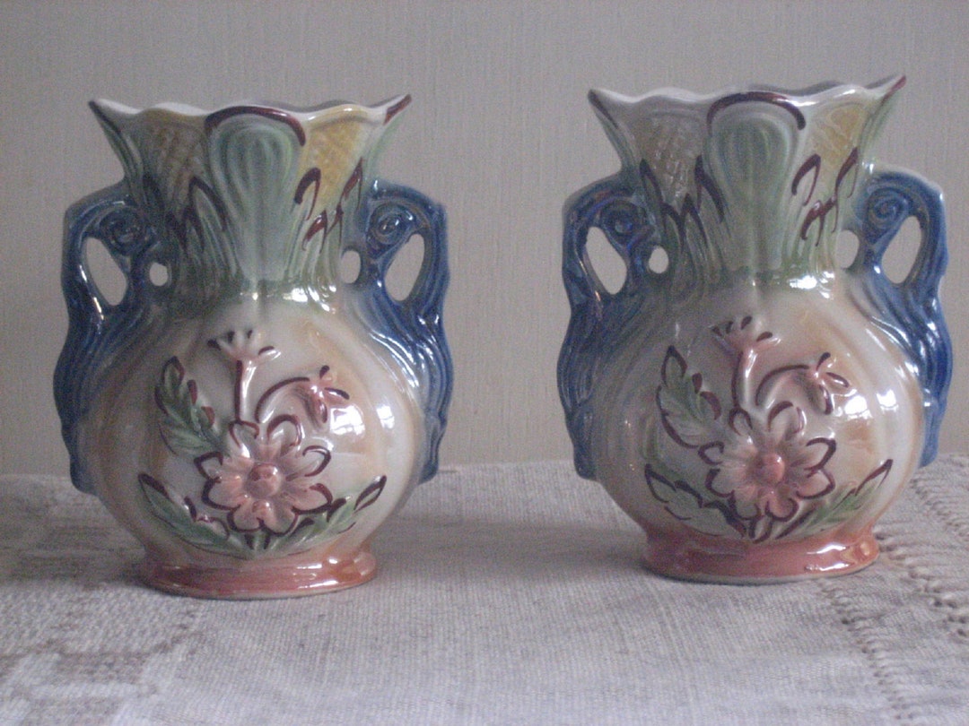 Pair of Vintage Lusterware Vases Hand Painted Two Handled Ornate Urns ...