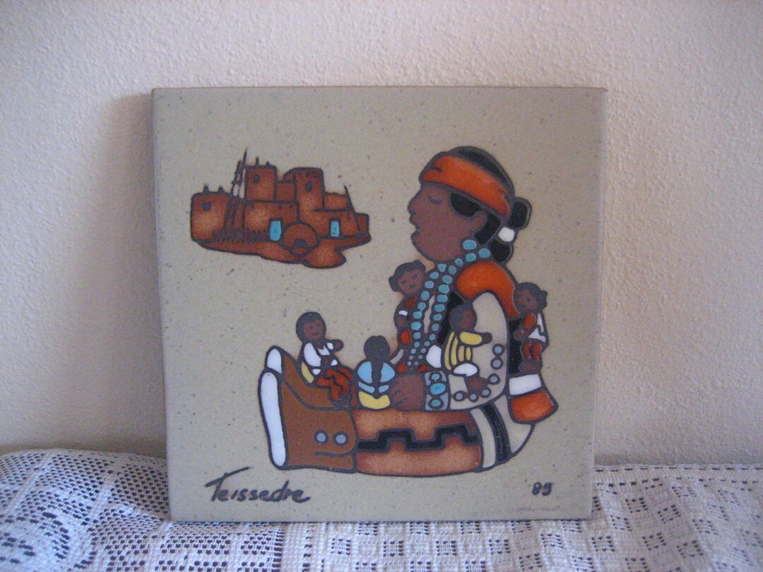 Vtg Cleo Teissedre Hand Painted Ceramic Tile, Native American Scene ...