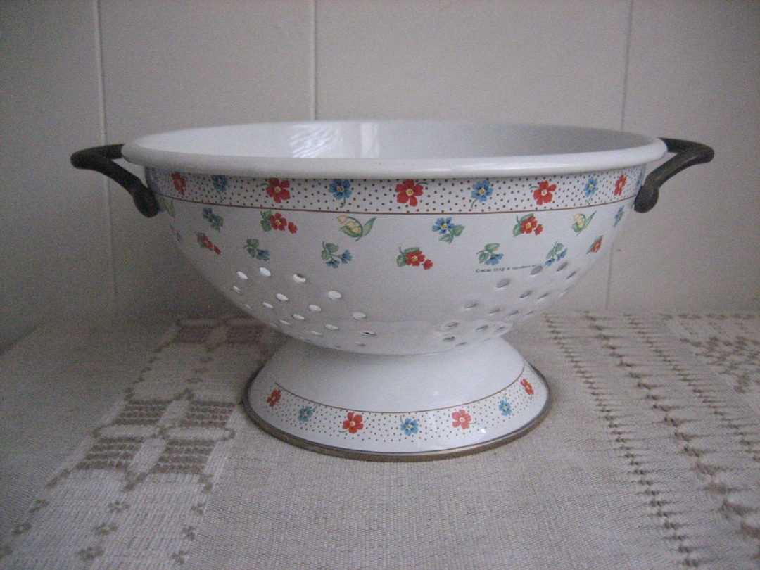 Vintage Kamenstein Metal Colander White Floral Enamel Strainer With ...