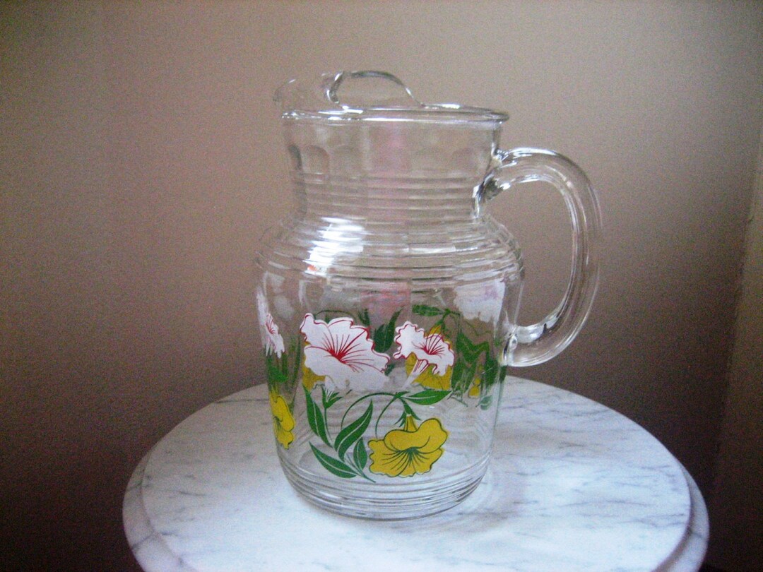 Vtg Glass Wild Flower Pitcher, Beverage Pitcher With Ice Lip, Large ...