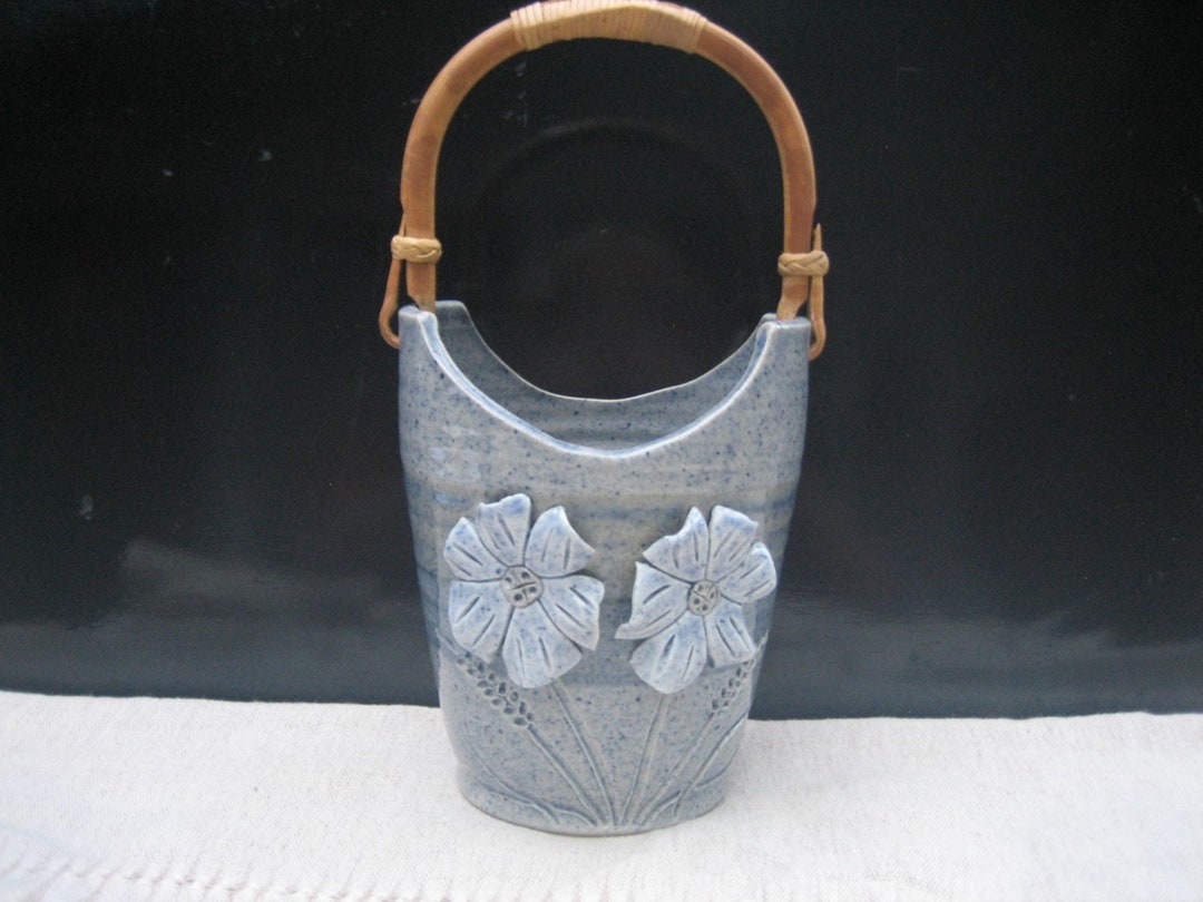 Art Pottery Basket Vase With Wooden Bamboo Handle, Applied Flowers Blue ...
