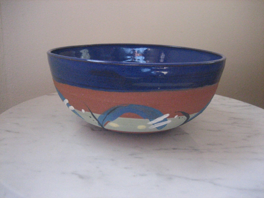 Studio Art Pottery Redware Bowl, Blue Glazed Earthenware Display Bowl ...