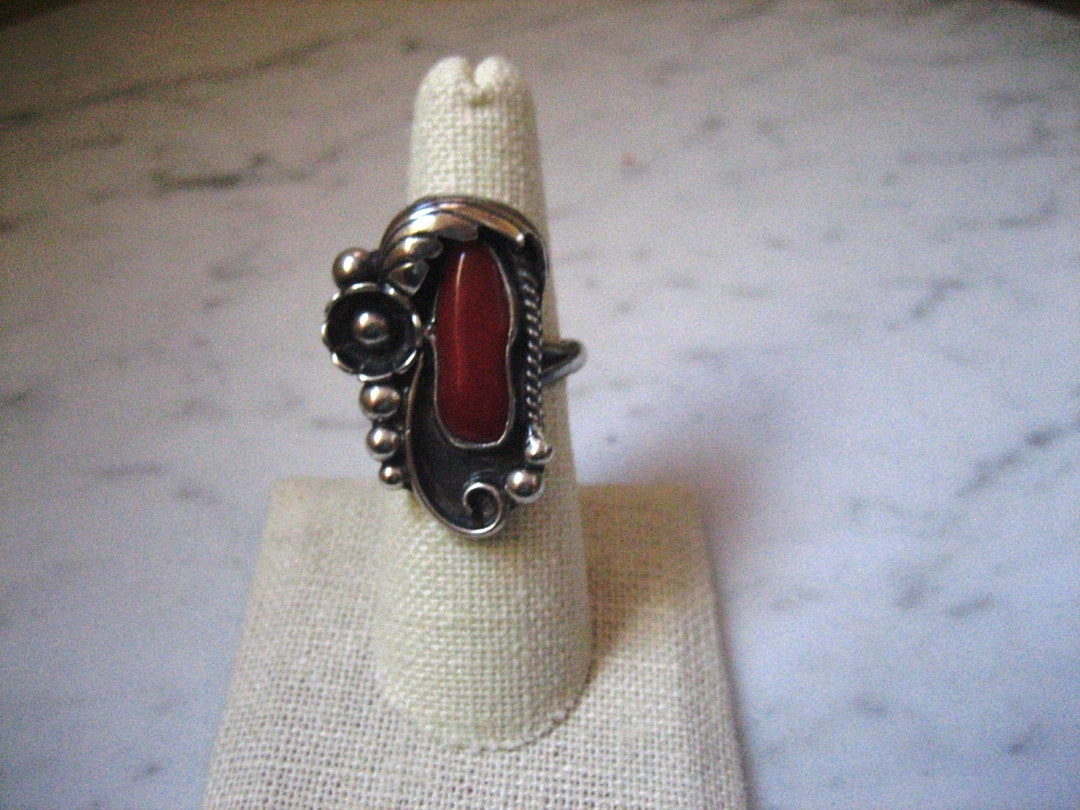 Old Navajo Sterling Silver Ring, Red Coral Signed Vintage Jewelry ...