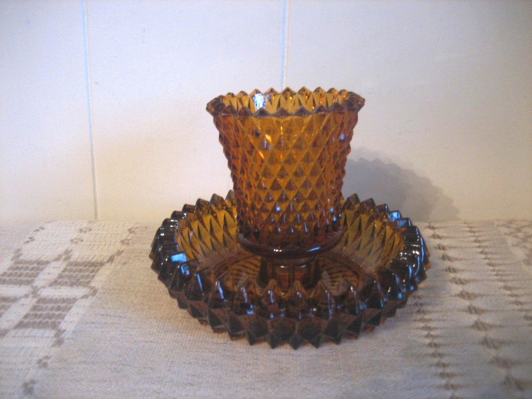 Vintage Indiana Amber Glass Diamond Point Candle Holder, 2 Piece Votive ...