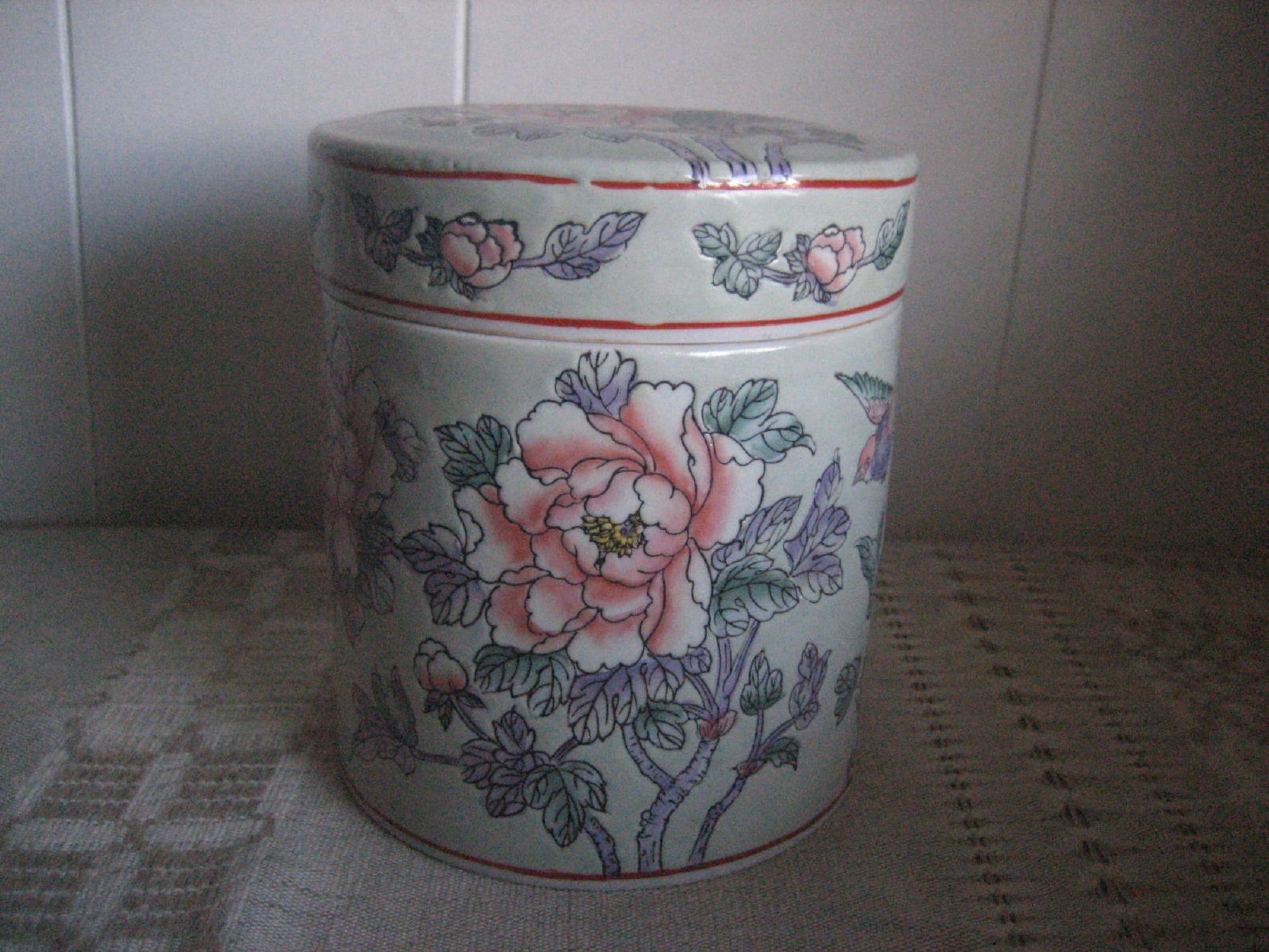 Vintage Chinoiserie Large Tea Caddy Chinese Lidded Jar Tobacco Canister ...