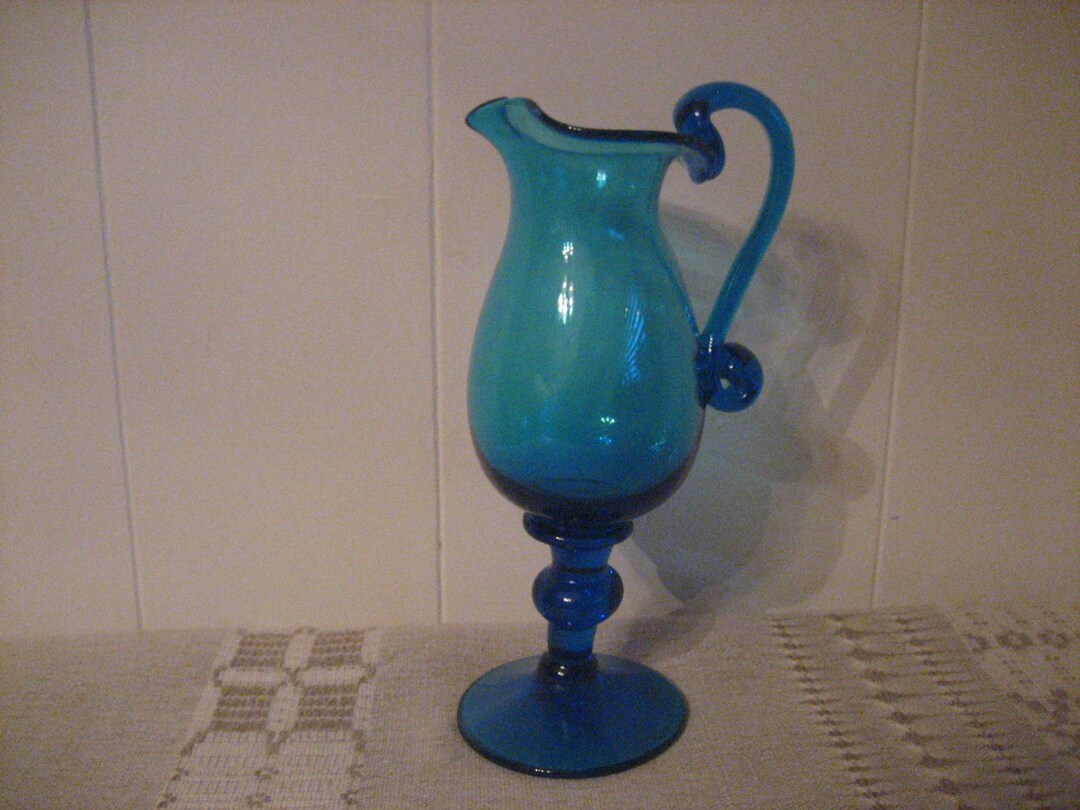 Hand Blown Blue Glass Pitcher, Glass Pitcher With Applied Handle, Aqua ...