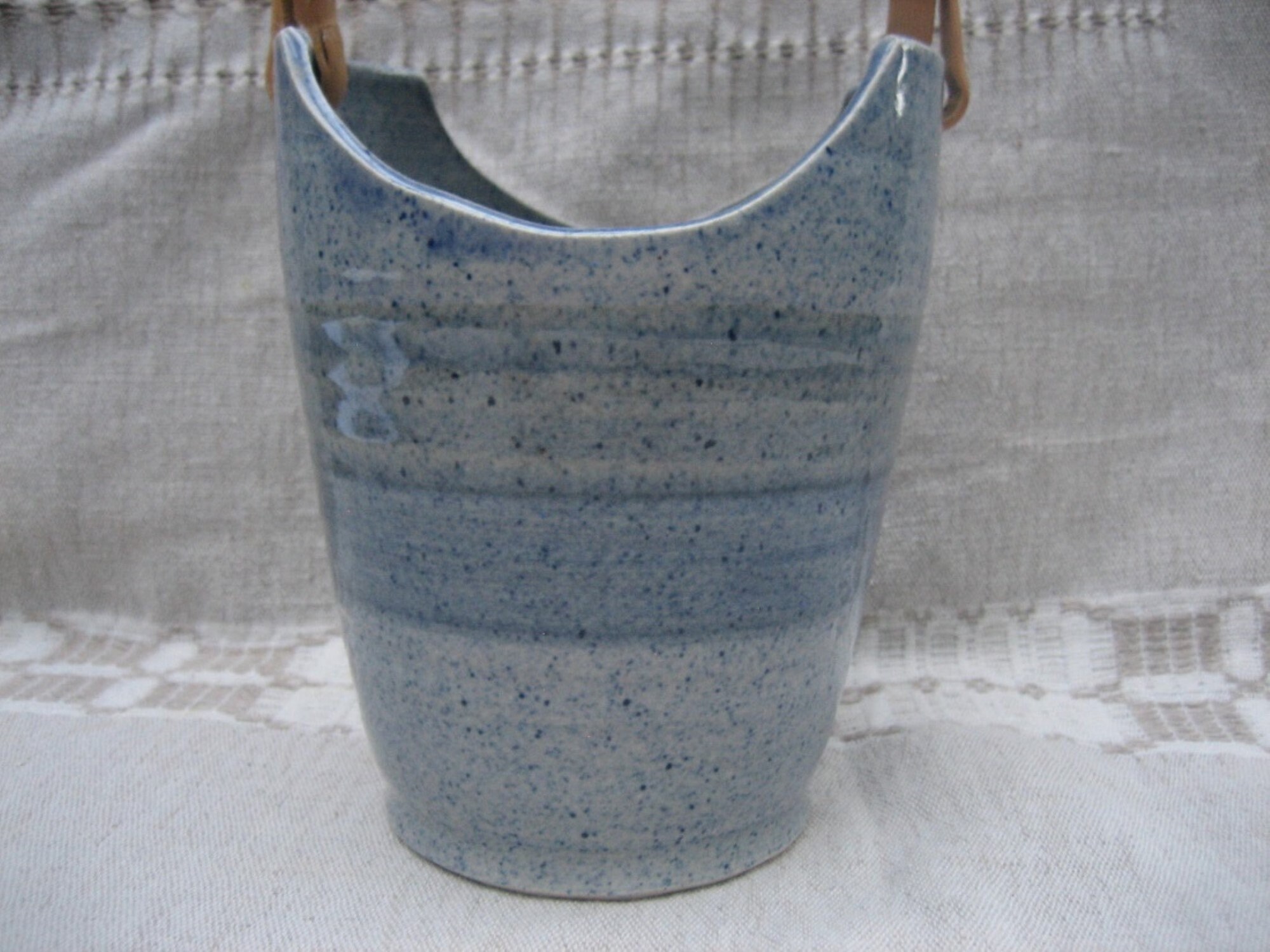 Art Pottery Basket Vase With Wooden Bamboo Handle, Applied Flowers Blue ...