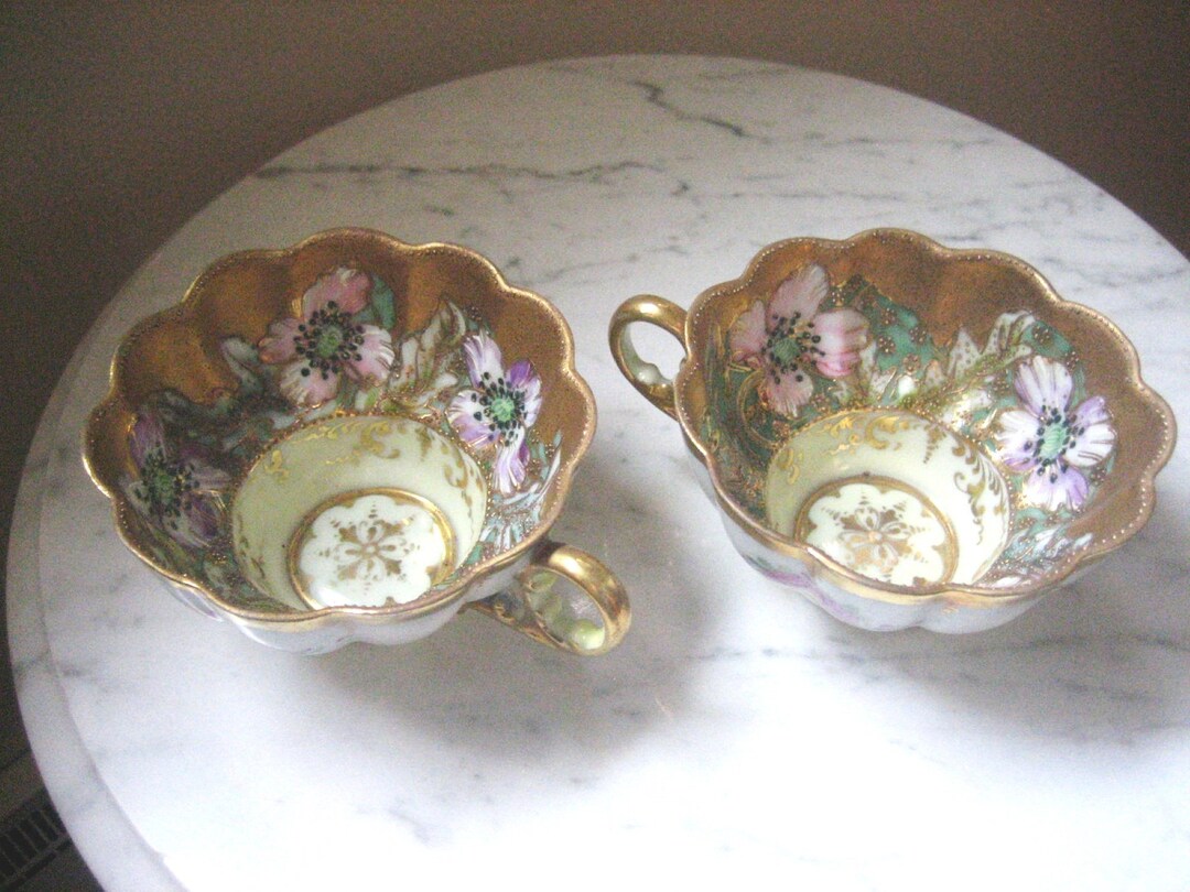 Vintage Hand Painted Floral Gold Trim Tea Cups, Beautiful Beaded ...