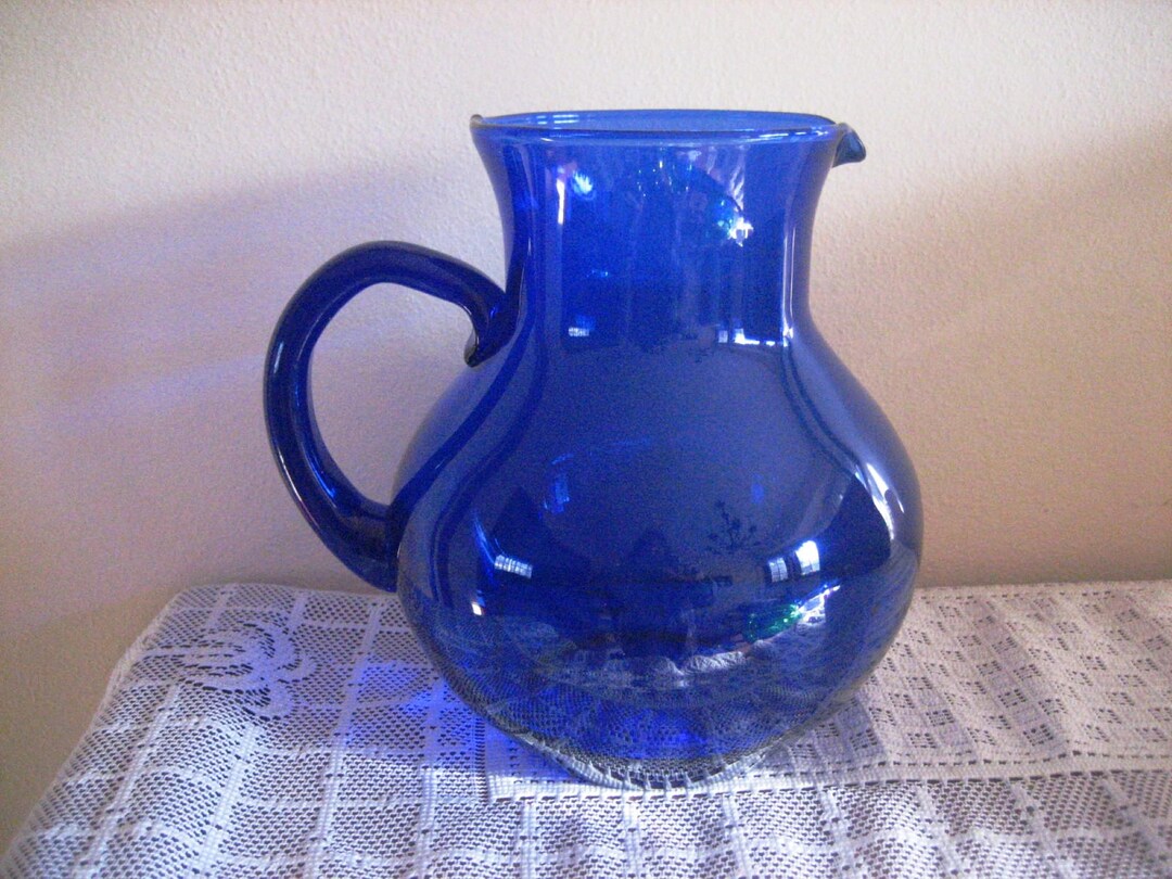 Cobalt Blue Glass Pitcher, Vintage Beverage Pitcher With Applied Handle ...