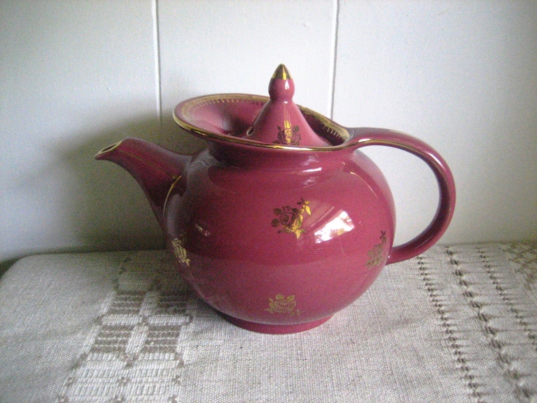 Hall Windshield Teapot, Maroon and Gold Accents 6 Cup Pot, Vintage Hall ...