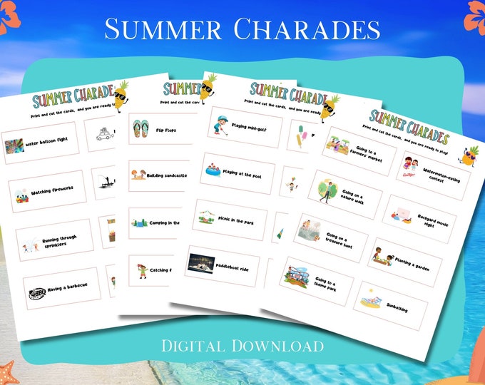 Summer Charades Printable Game, Family Game Night, Fun Game for Kids ...