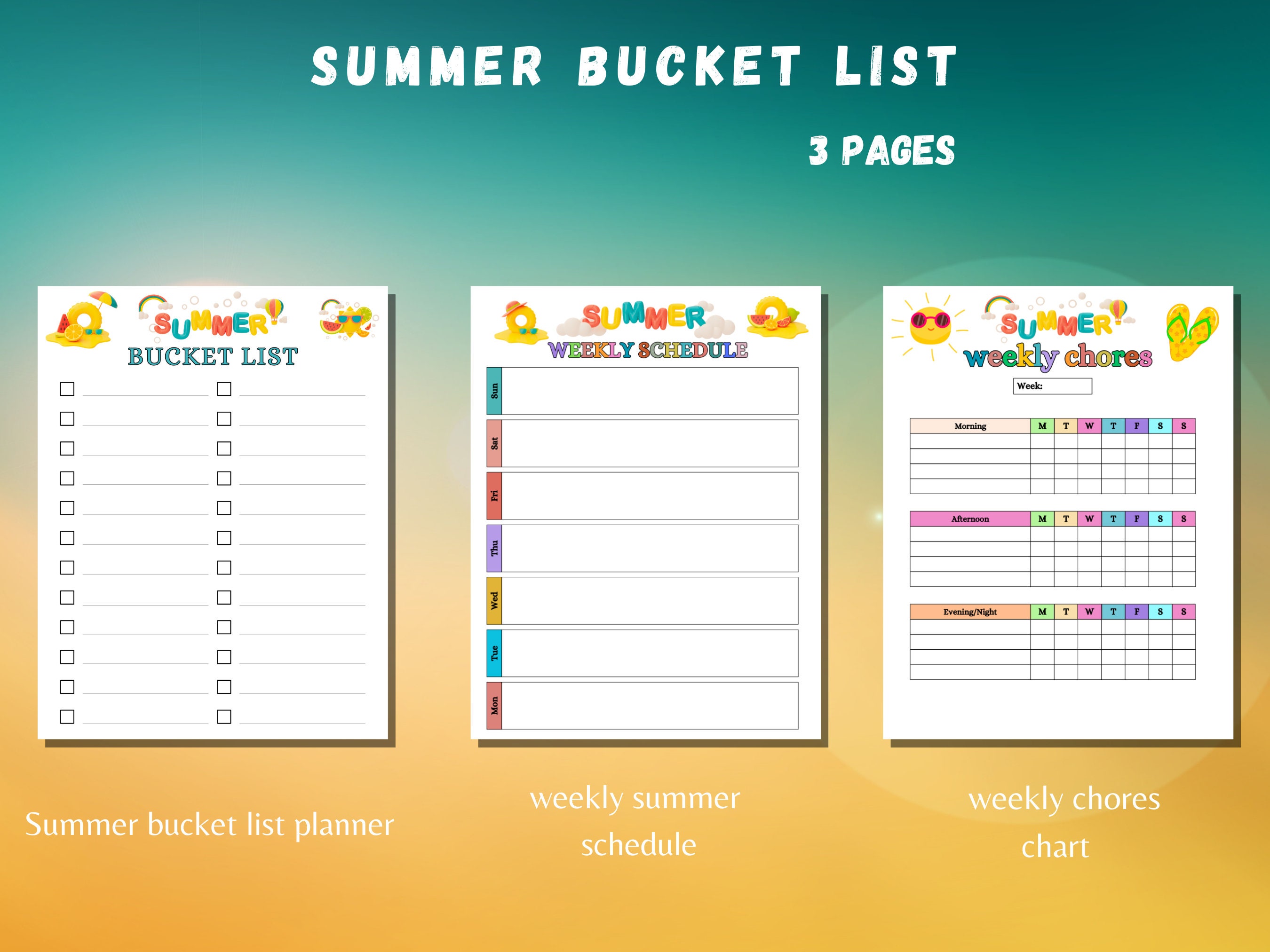 Summer Bucket List Planner Kids' Fun Activities Printable Weekly Summer ...