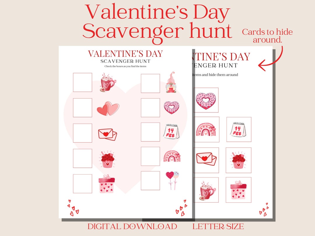 Printable Valentine's Scavenger Hunt, Kids Home Treasure Hunt Activity ...