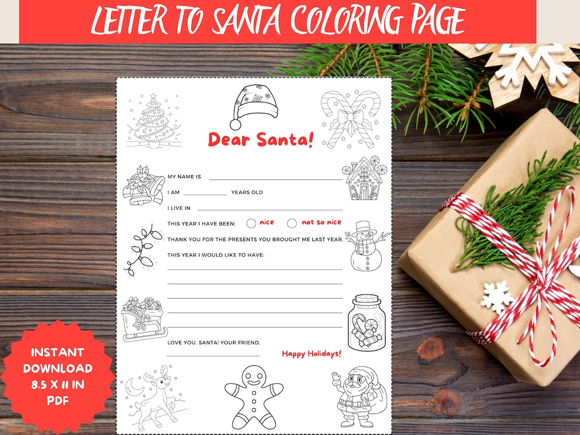 Dear Santa Letter Coloring Page Christmas Wish List Christmas - Etsy