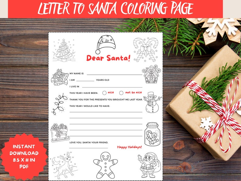 Dear Santa Letter Coloring Page Christmas Wish List Christmas - Etsy