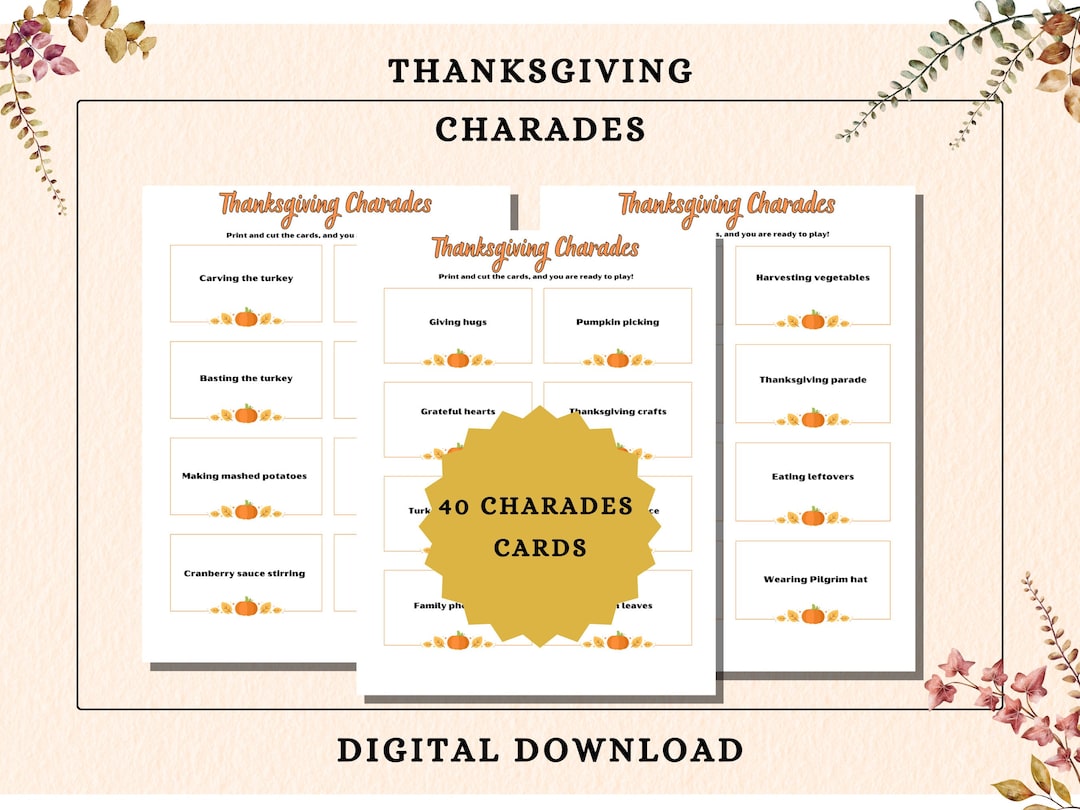 Thanksgiving Family Fun Charades Game, Printable Pictionary Trivia, Act ...