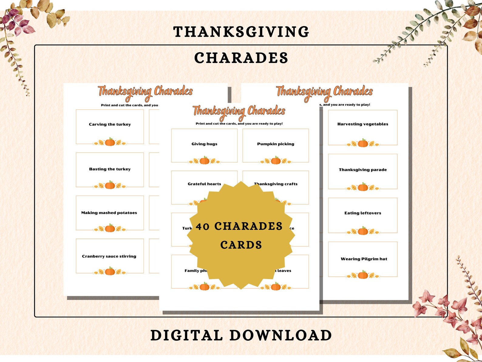 Thanksgiving Family Fun Charades Game, Printable Pictionary Trivia, Act ...