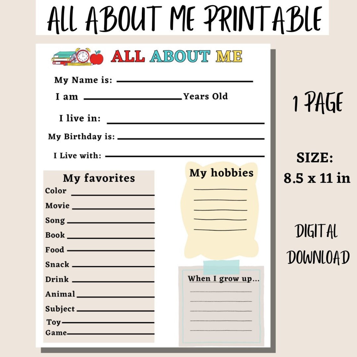 Back to School All About Me Student Worksheet First Day of School About ...