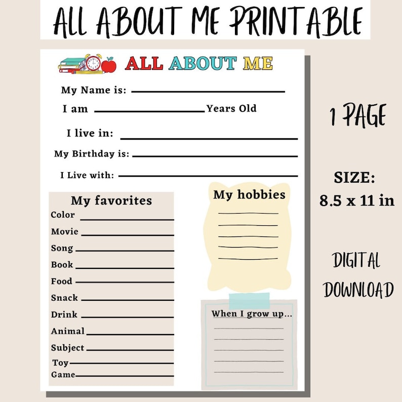 Back to School All About Me Student Worksheet First Day of School About ...