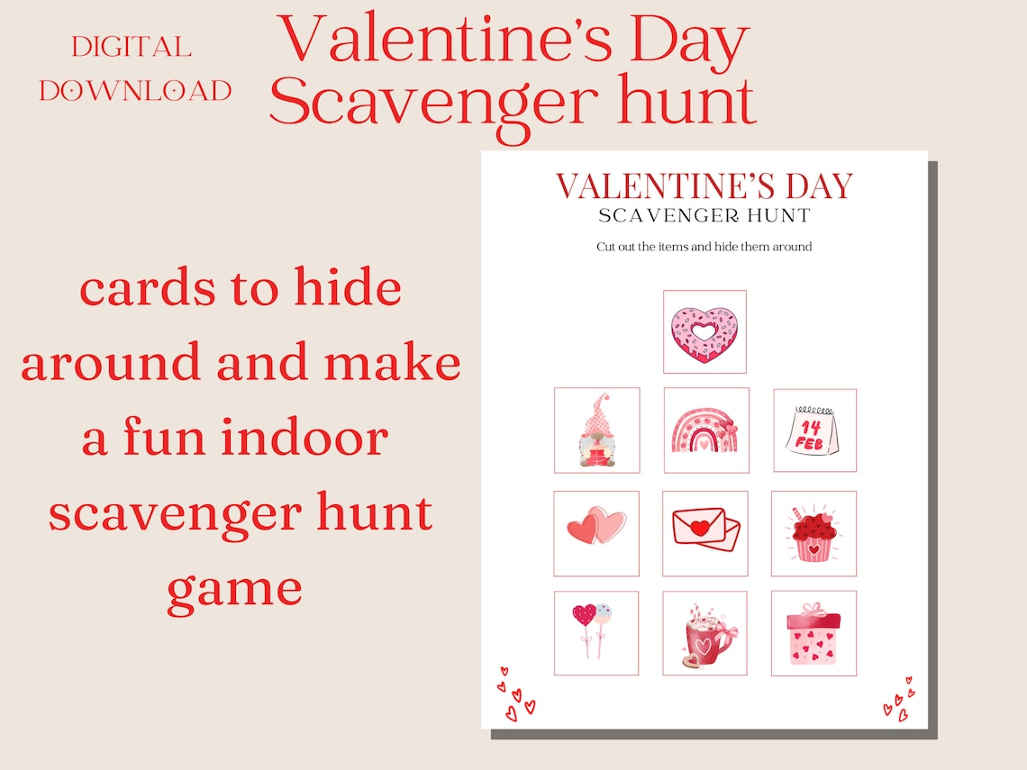 Printable Valentine's Scavenger Hunt, Kids Home Treasure Hunt Activity ...