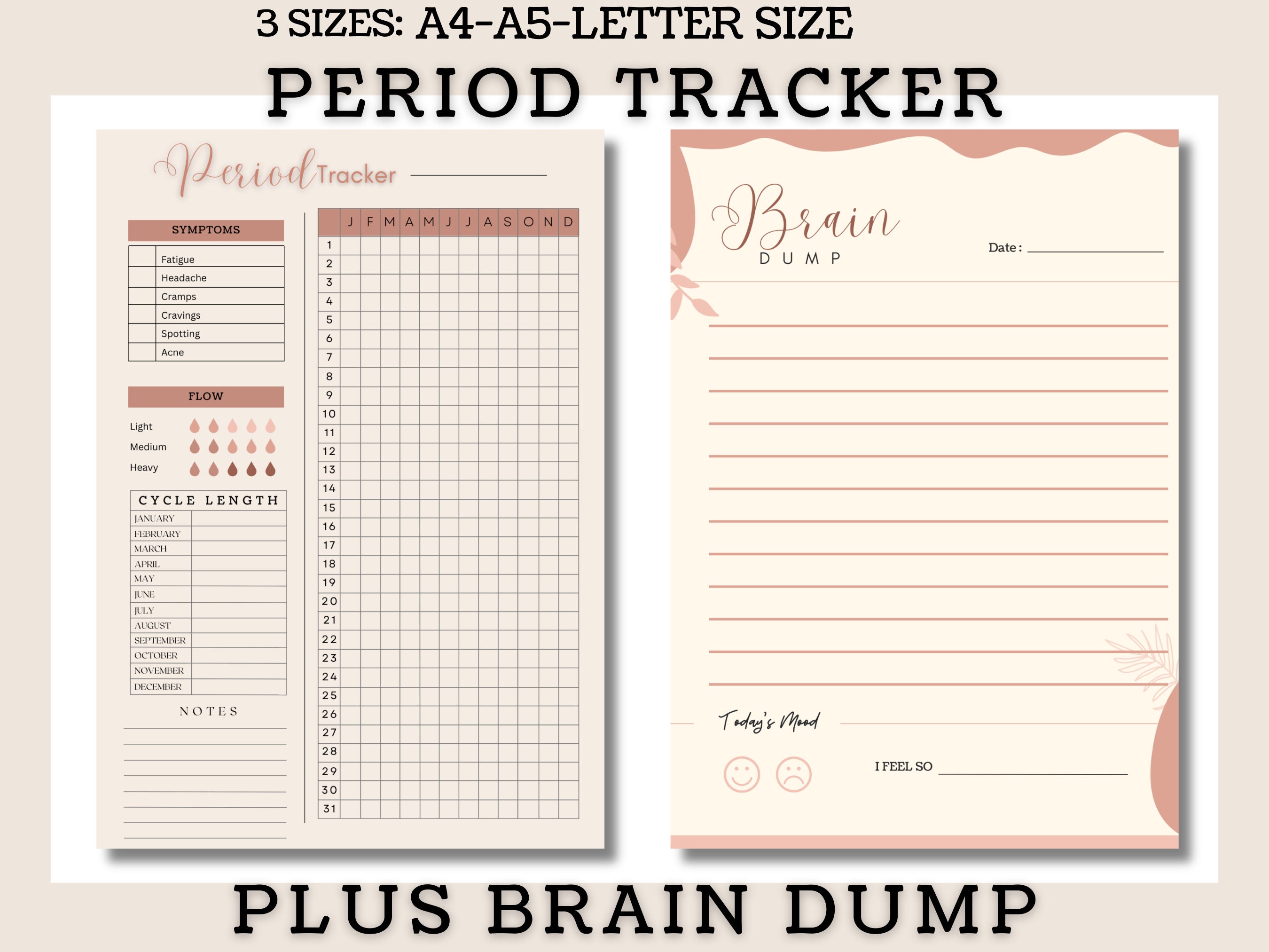 Menstrual Tracker Printable Period Kit With Symptom Tracking, Brain ...