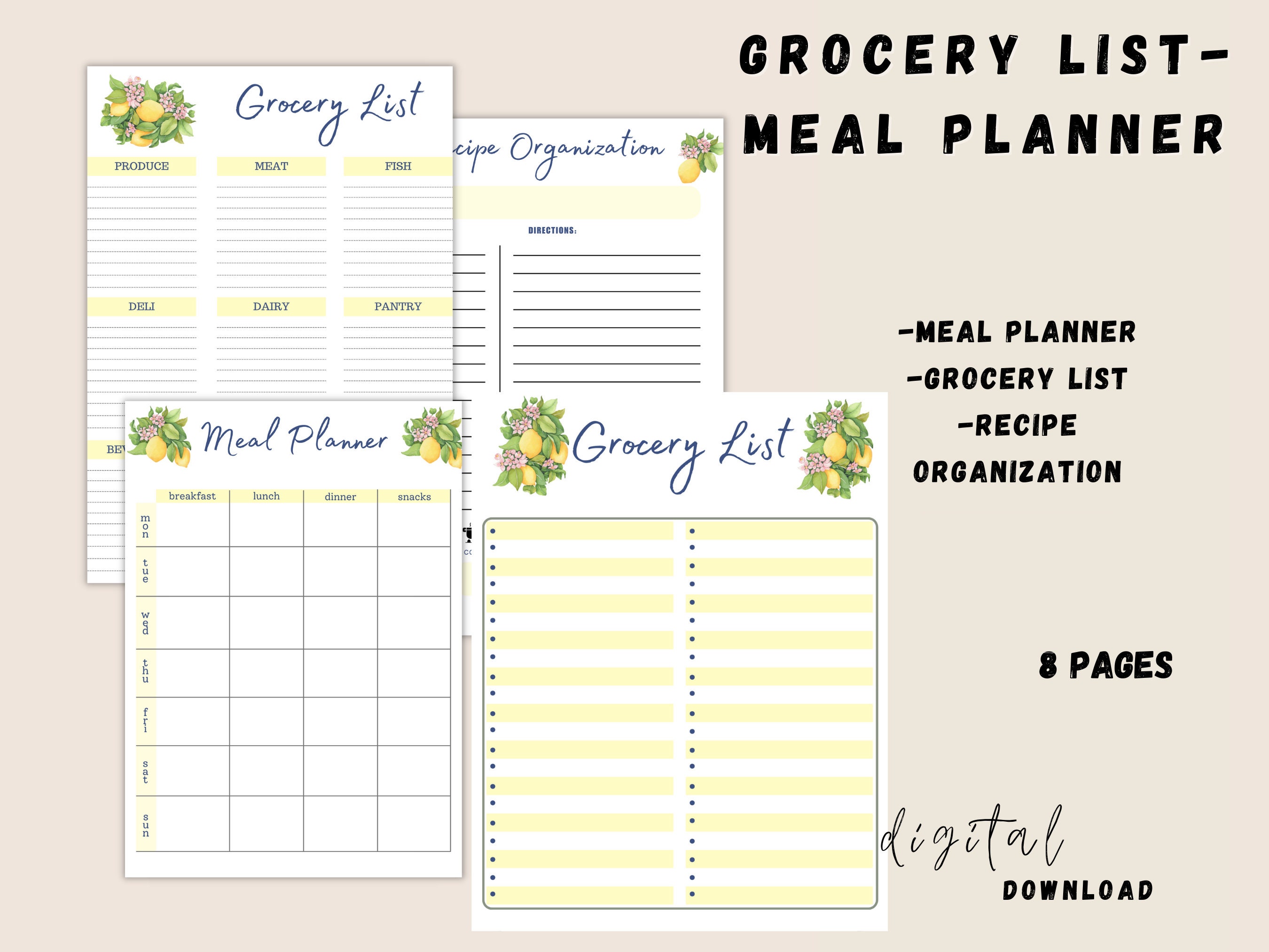 Grocery List-meal Planner Printable, Diary Meal Tracker, Weekly ...