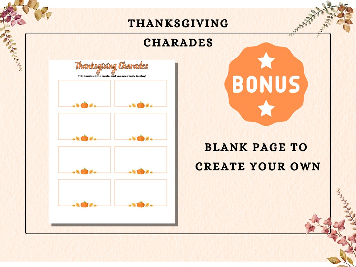 Thanksgiving Family Fun Charades Game, Printable Pictionary Trivia, Act ...