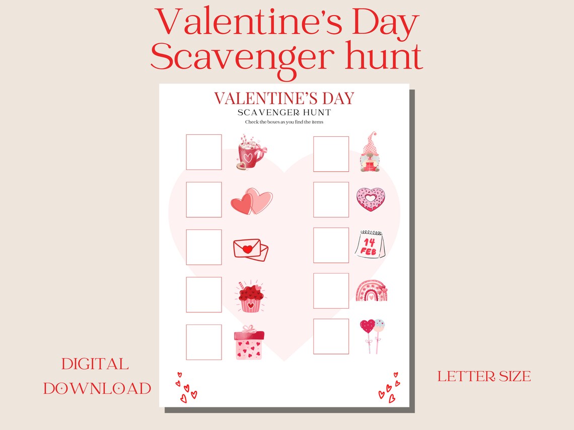 Printable Valentine's Scavenger Hunt, Kids Home Treasure Hunt Activity ...