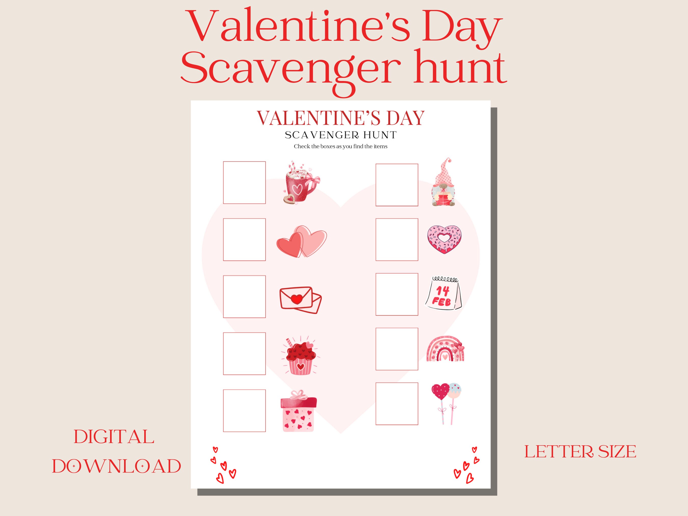 Printable Valentine's Scavenger Hunt, Kids Home Treasure Hunt Activity ...