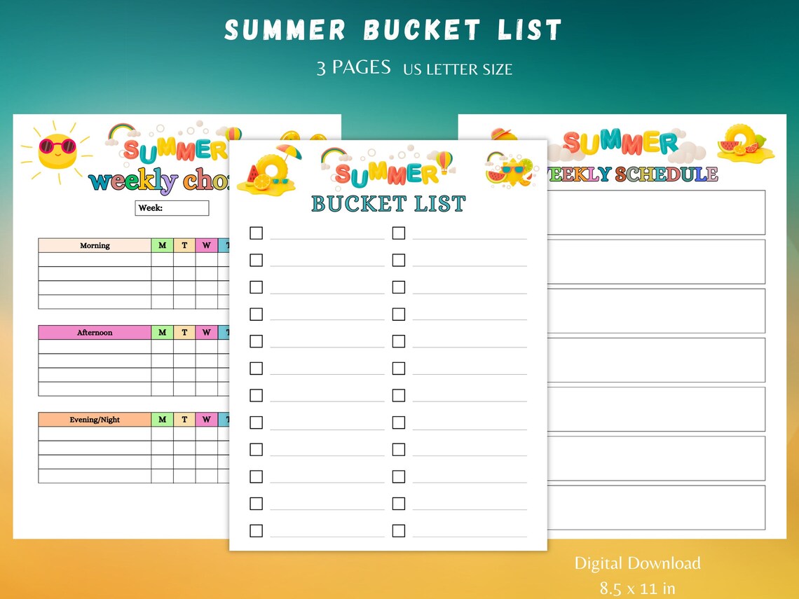Summer Bucket List Planner Kids' Fun Activities Printable Weekly Summer ...