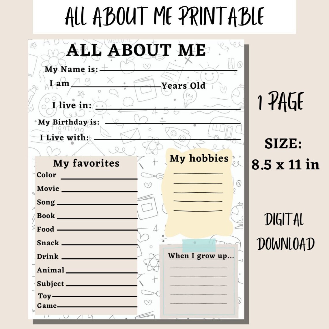 Back to School All About Me Student Worksheet First Day of School About ...
