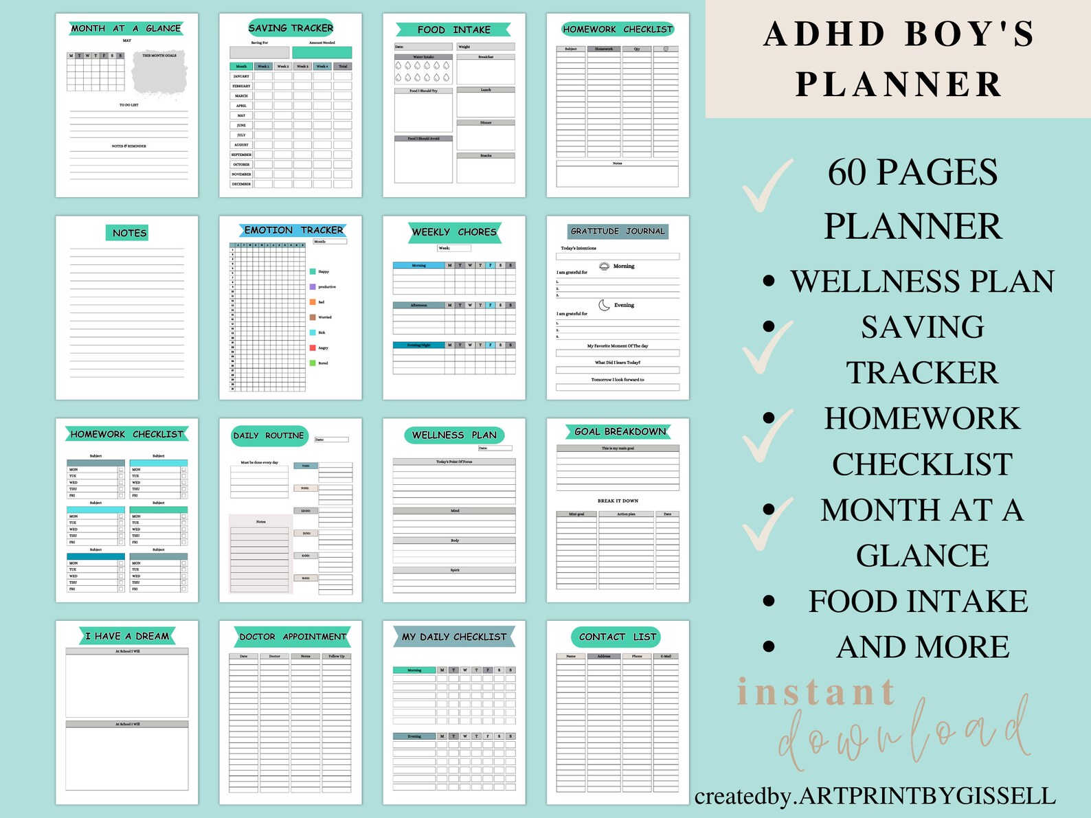 ADHD Planner for Kids Printable School Planner & Organizer/ Teens ADHD ...
